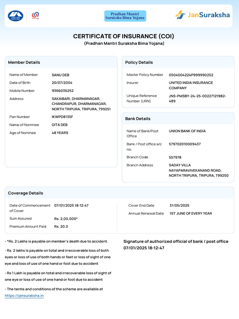 Certificate of Insurance JNS PMSBY 24-25-00227121982 489 | PDF | Business Law | Economy Of India