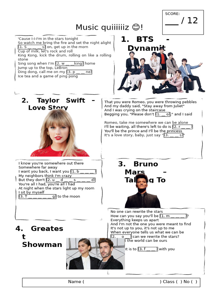 Music Quiz Bts Taylor Bruno Gs | PDF