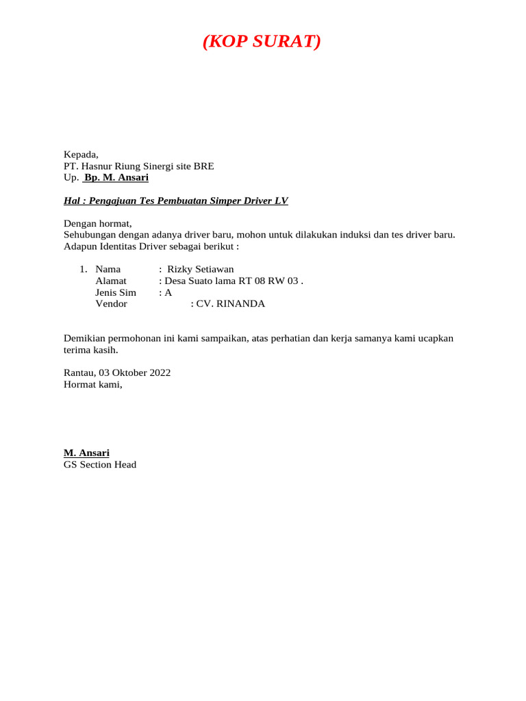 Contoh Surat Pengantar Induksi & Tes Driver | PDF
