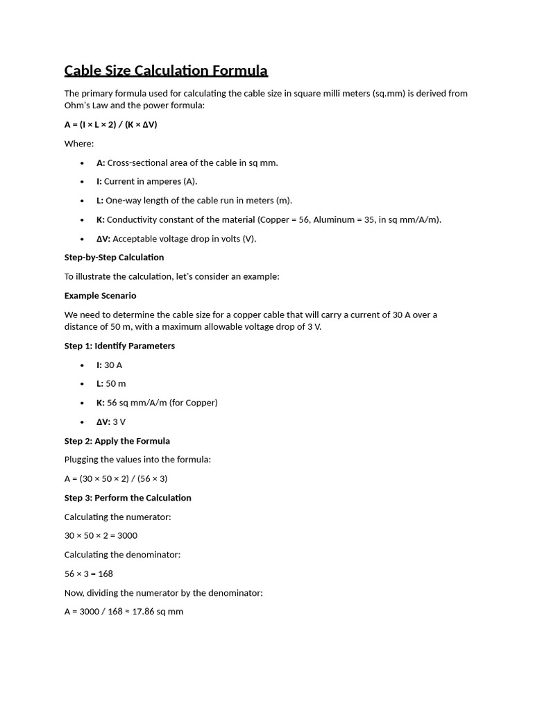 Cable Size Calculation Formula | PDF