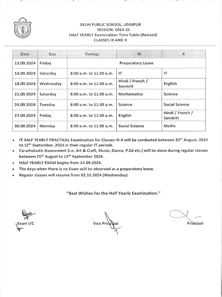 Half Yearly Revised Time Table For Class IX and X | PDF