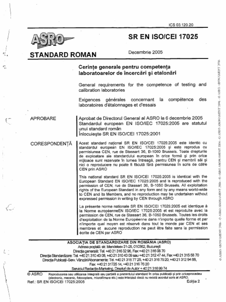 SR EN 17025-2005 (Cerinte Den - Pv.comp - Lab. de Incerc) | PDF