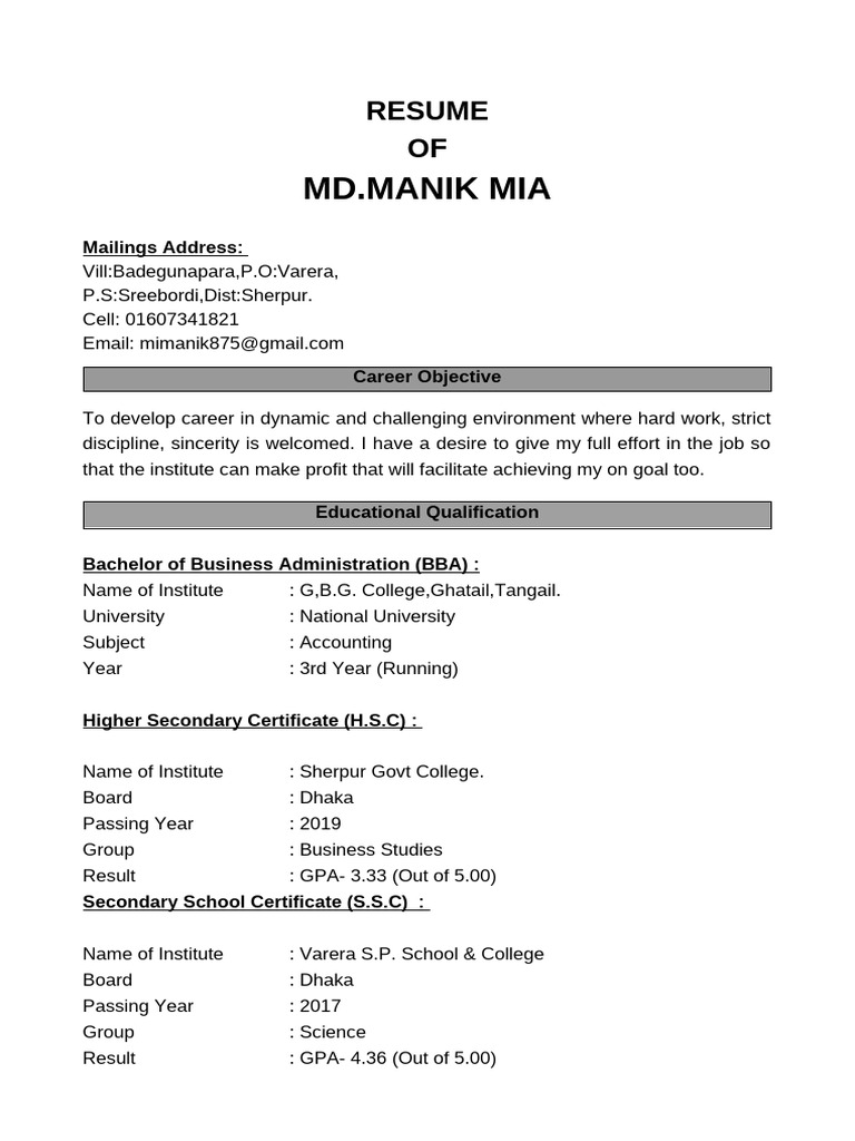 Resume of MD. Manik Mia - BBA Student | PDF
