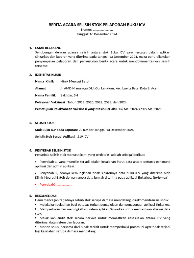 Berita Acara Selisih Stok Pelaporan Buku Icv | PDF