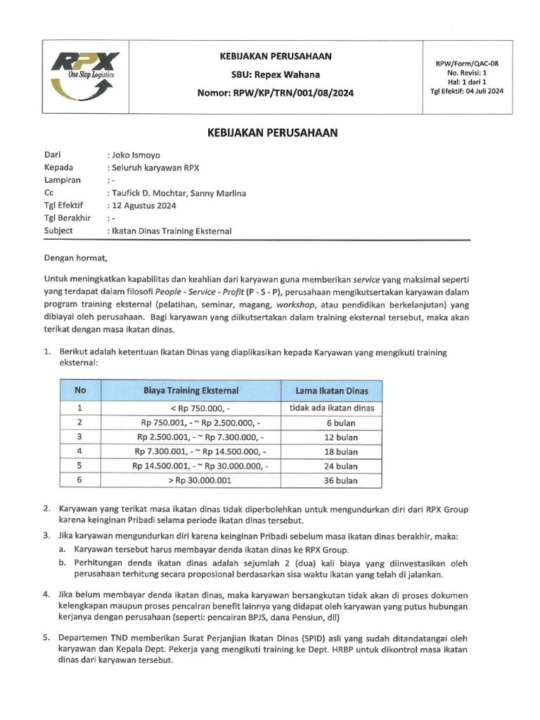 RPW-KP-TRN-001-008-2024 - Kebijakan Ikatan Dinas Training Eksternal | PDF