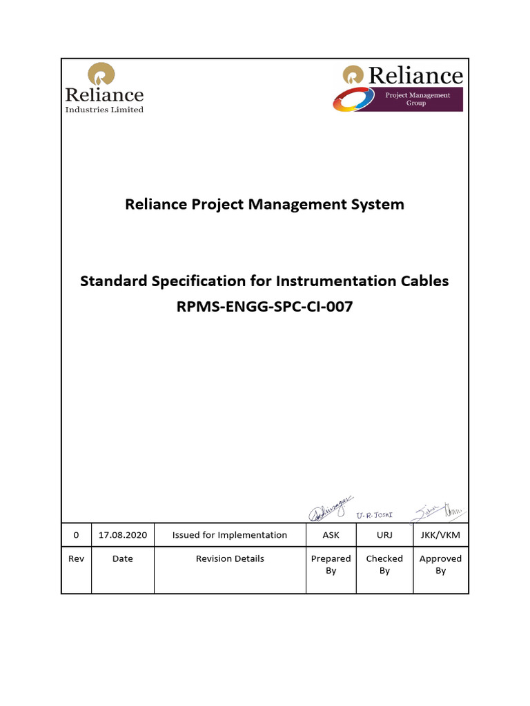 RPMS-ENGG-SPC-CI-007-Design Spec Instumentation Cables | PDF ...