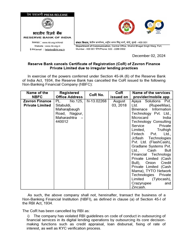 RBI Press Cancelation of Certificate of Registration NBFC | PDF ...