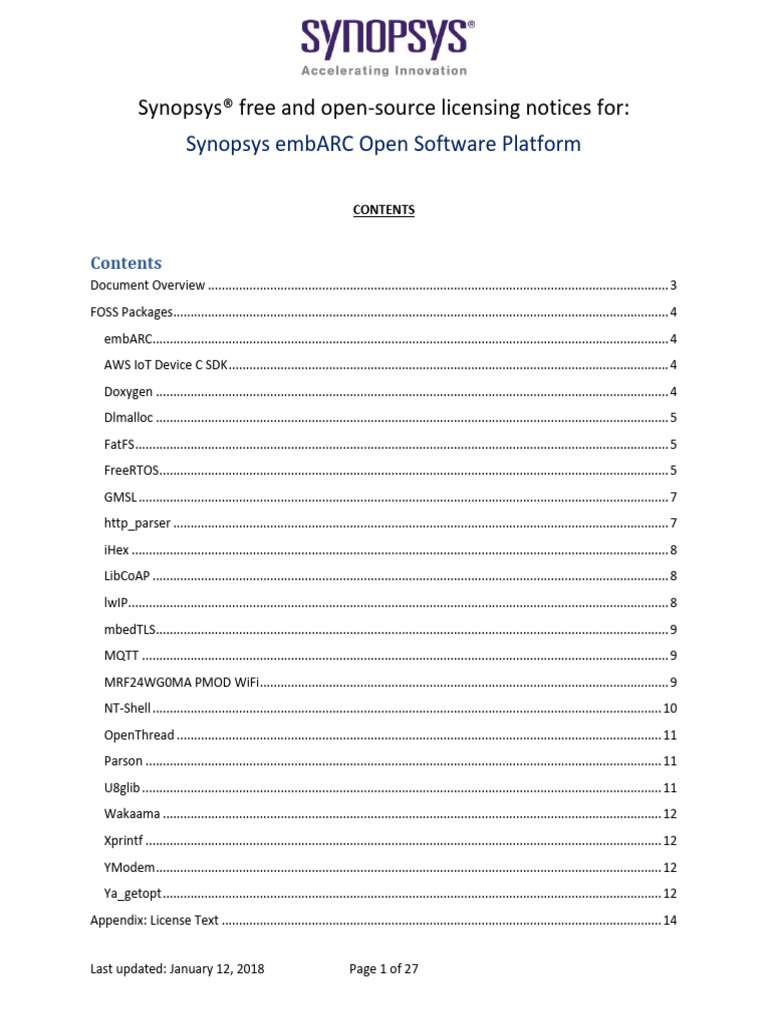 Synopsys FOSS Notices embARC | PDF | Source Code | License