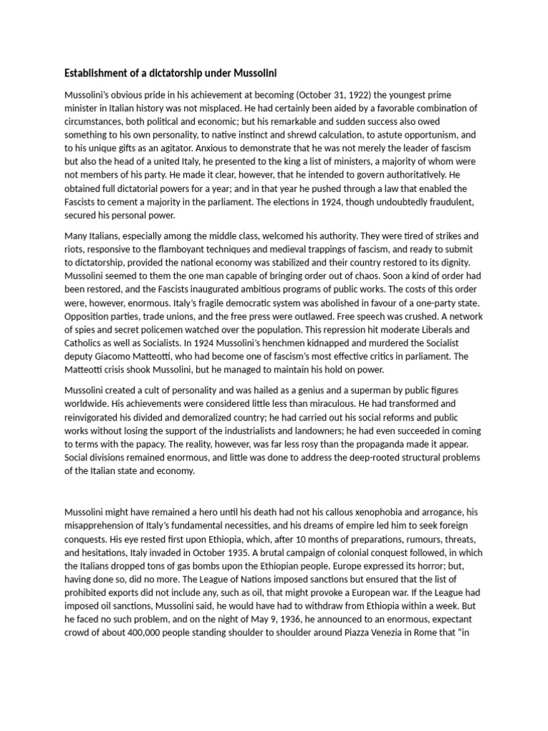 Establishment of A Dictatorship Under Mussolini | PDF | Benito Mussolini | Fascism