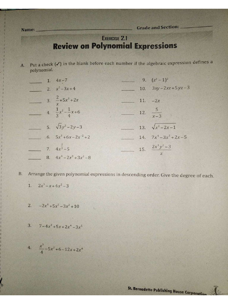 Review On Polynomial Expressions (G10) | PDF