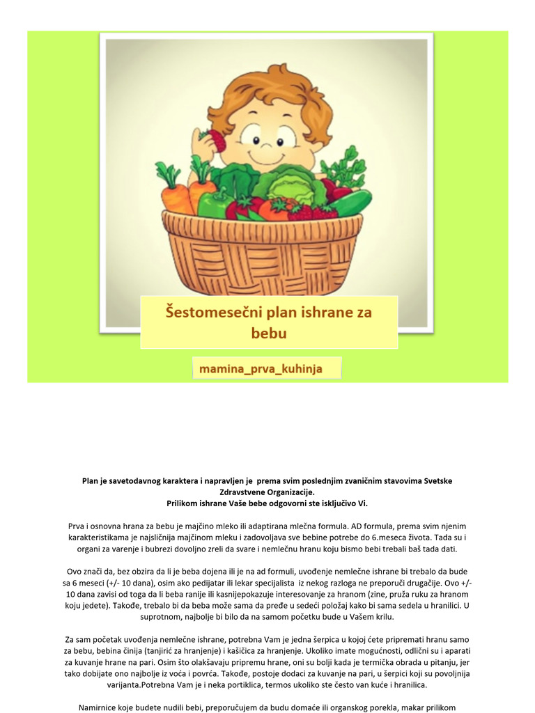 Plan Ishrane Za Bebe - 6 Meseci | PDF