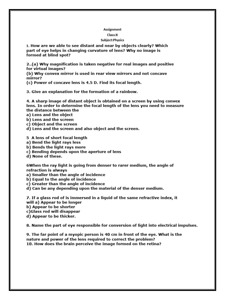 Bbps Class 10 Assignment - Physics | PDF