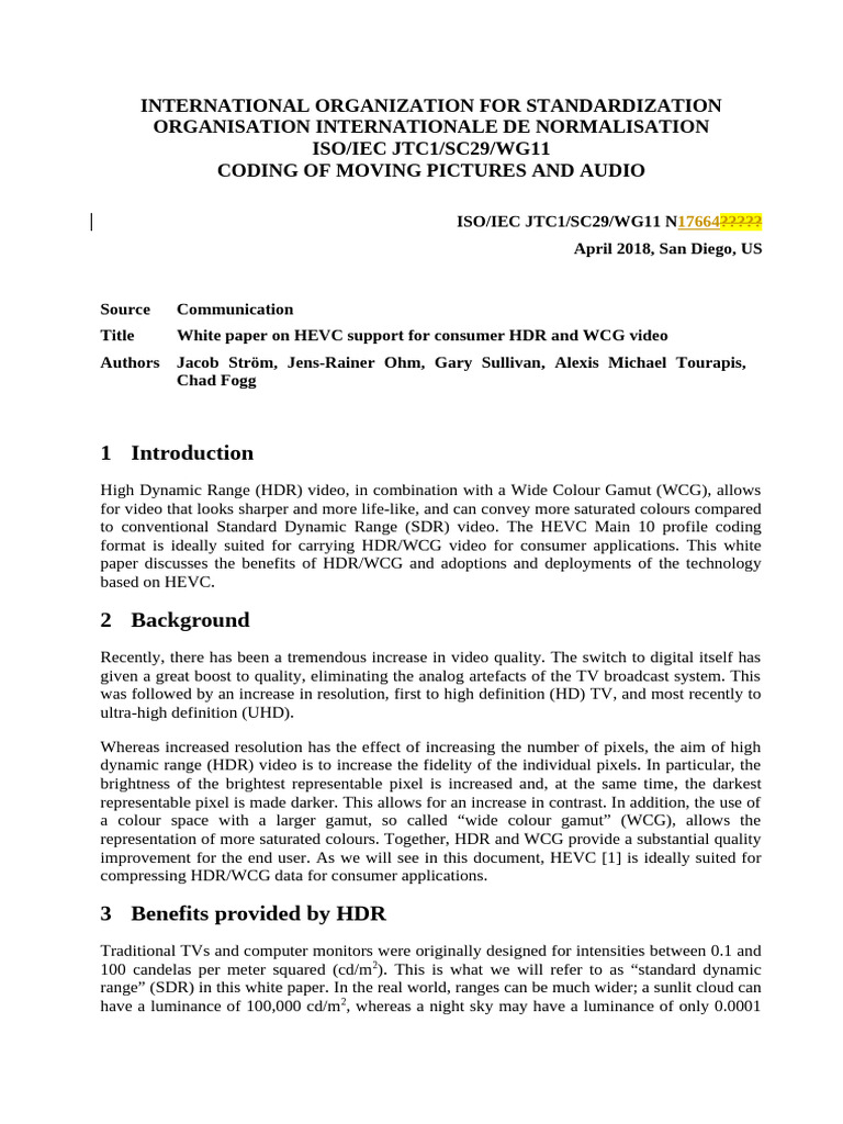 N17664White Paper HDR HEVC New Draft v2 Clean | PDF | Broadcast Engineering | Imaging