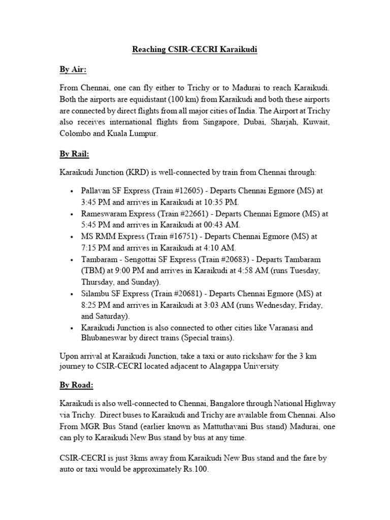 Reaching CSIR-CECRI Karaikudi | PDF | Land Transport | Public Transport
