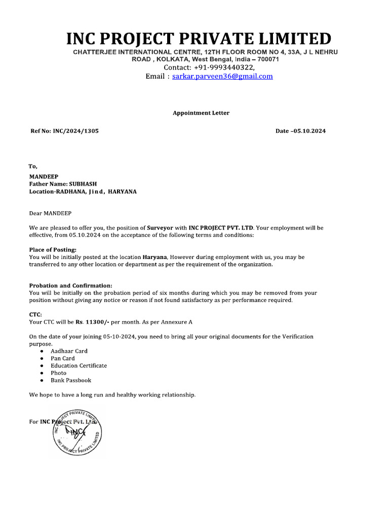 Microsoft Word - INC PROJECT PVT LTD OFFER LETTER FORMAT | PDF