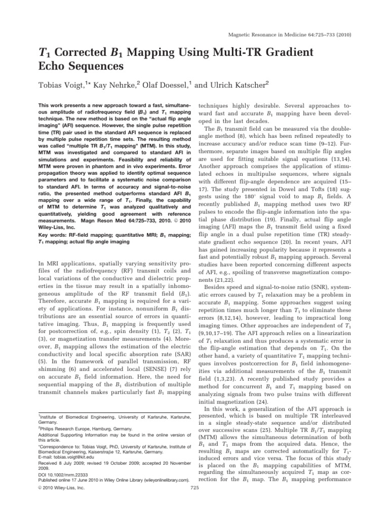 Tobias Voigt - T1 Corrected B1 Mapping Using Multi-TR Gradient | PDF ...