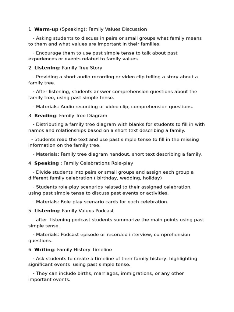 Family Values Activities for ESL Students | PDF