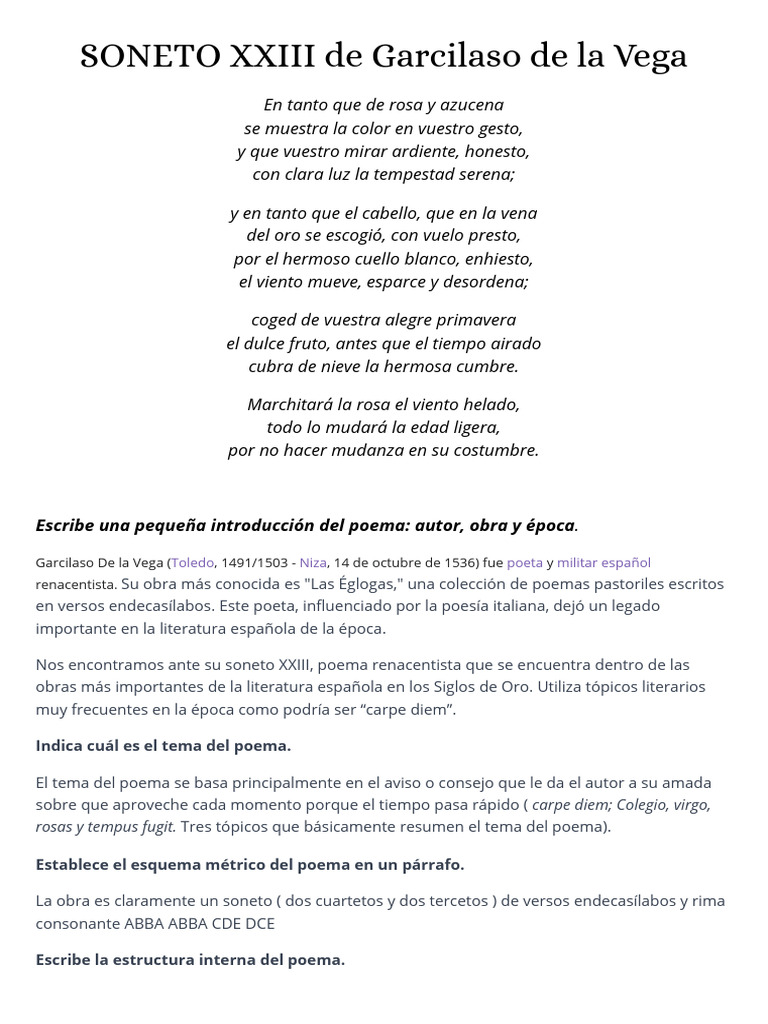 SONETO XXIII de Garcilaso de La Vega | PDF | Sonetos | Poesía