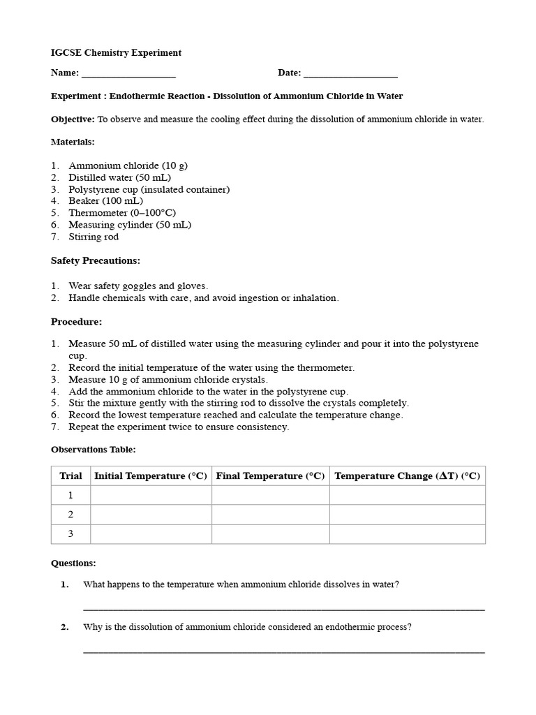 Endothermic Reaction - Dissolution of Ammonium Chloride in Water CHM240 ...