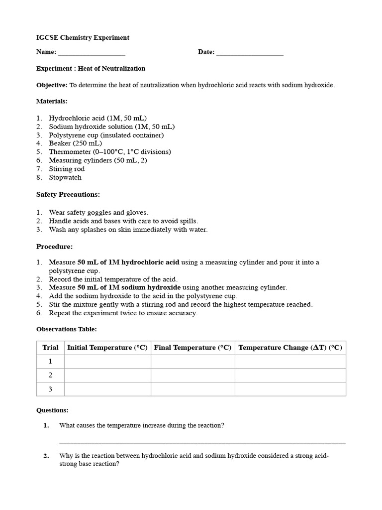 Heat of Neutralization Experiment Guide | PDF | Sodium Hydroxide ...