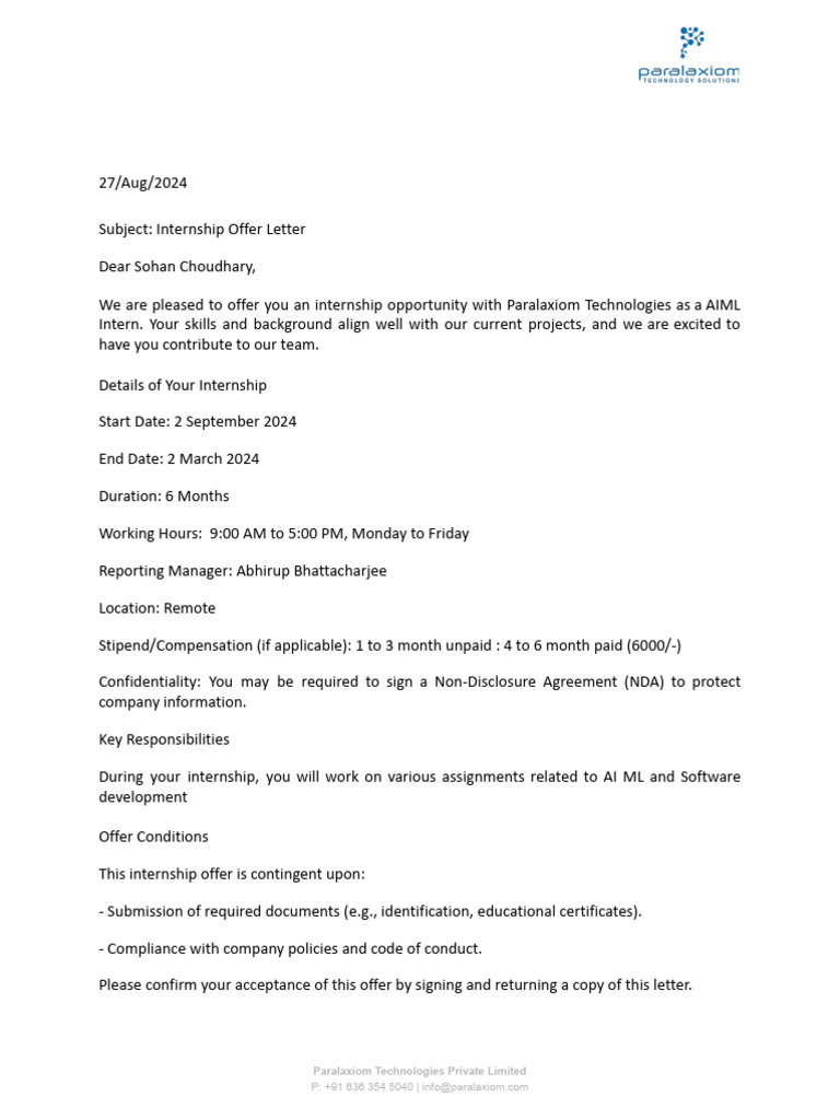 Sohan Internship Offer Letter | PDF