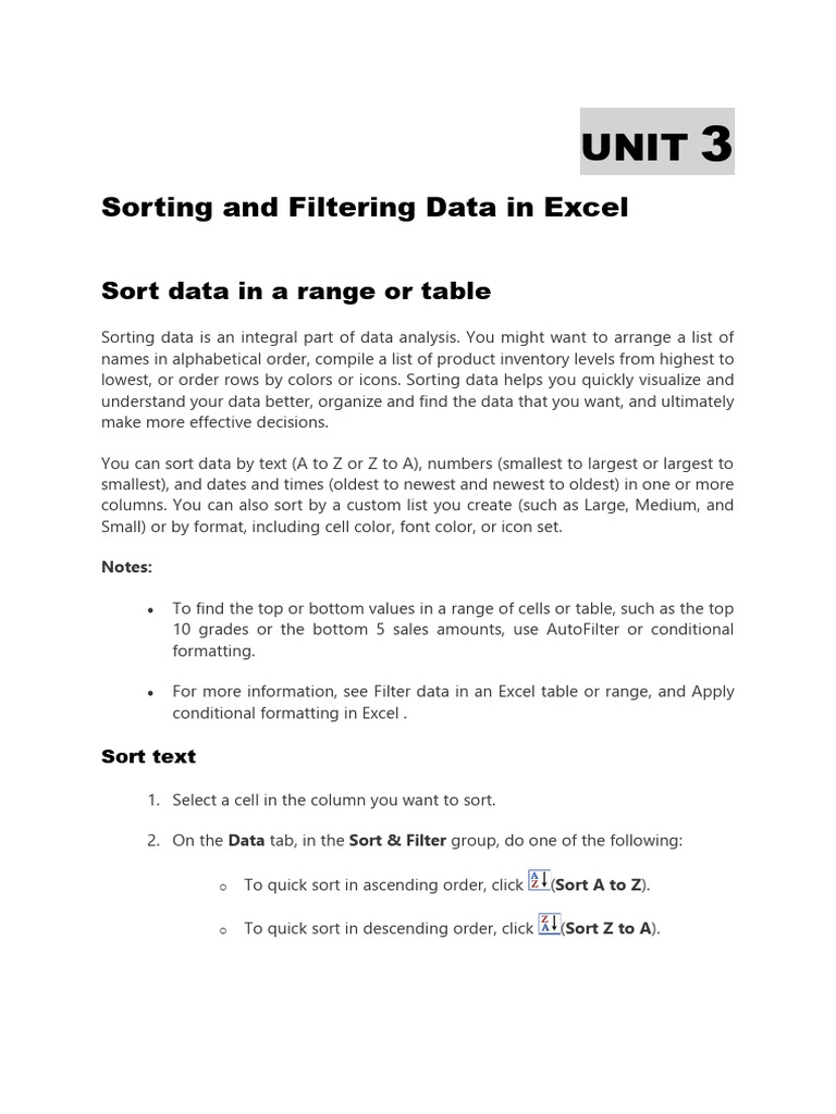 UNIT 3 Sorting and Filtering | PDF | Microsoft Excel | Software