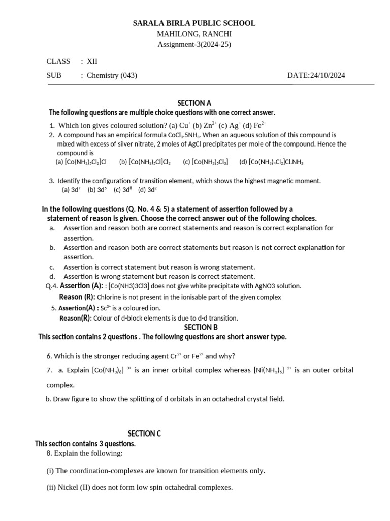 Class12,Assignment 3,Inorganic Chemistry,CHEM(2024 25) | PDF | Coordination Complex | Valence ...