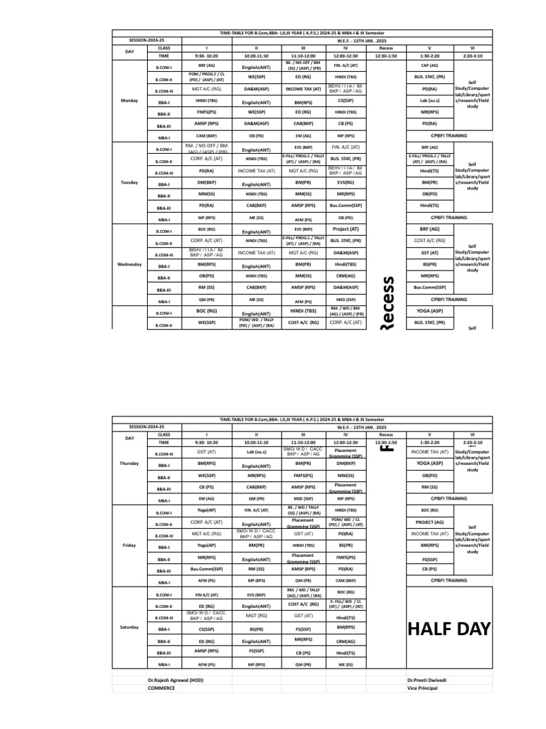 Time Table Mba, Bba & B.com 2024 - As On 13 Jan 2025 | PDF