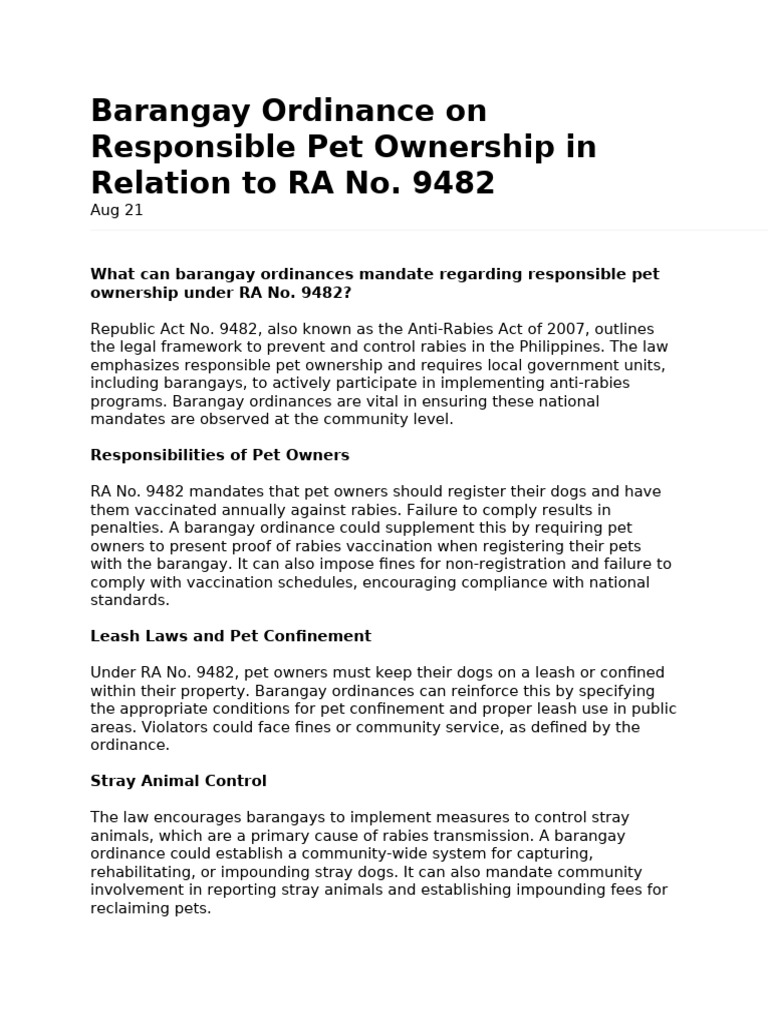 Barangay Ordinance On Responsible Pet Ownership in Relation To RA No ...