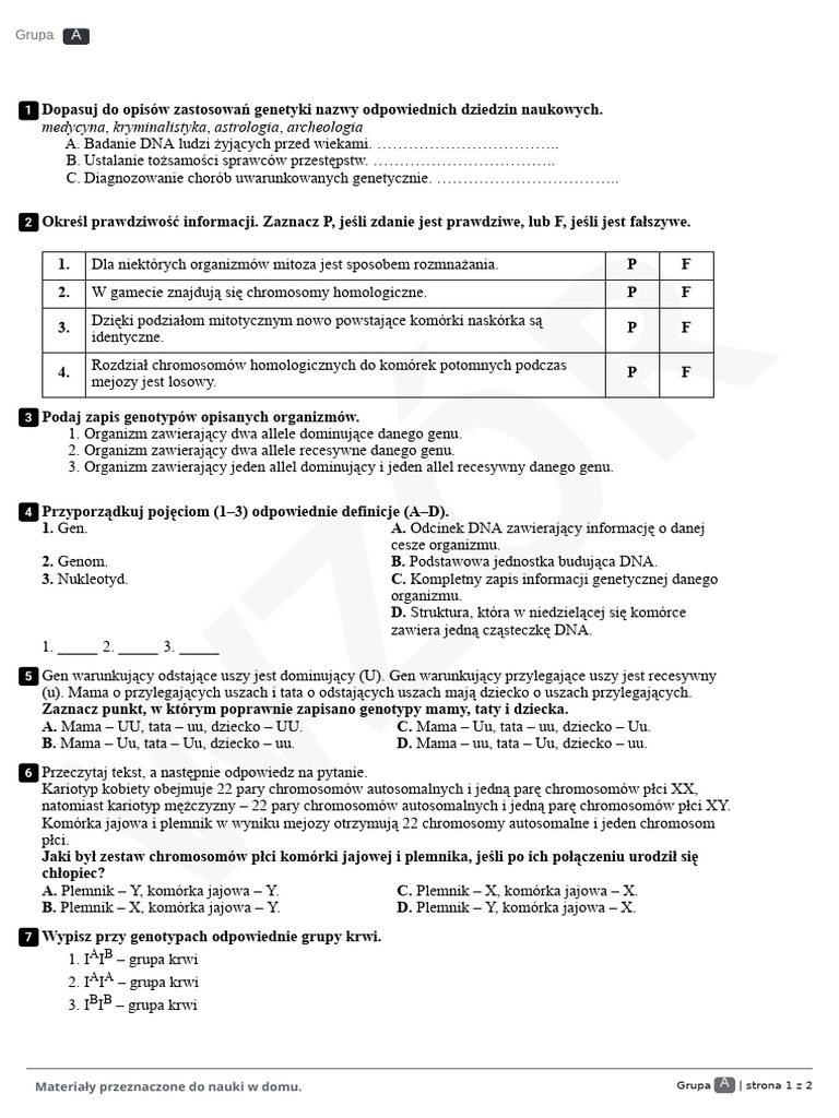 Biologia - Klasa 8 - Dział 1 - Test | PDF