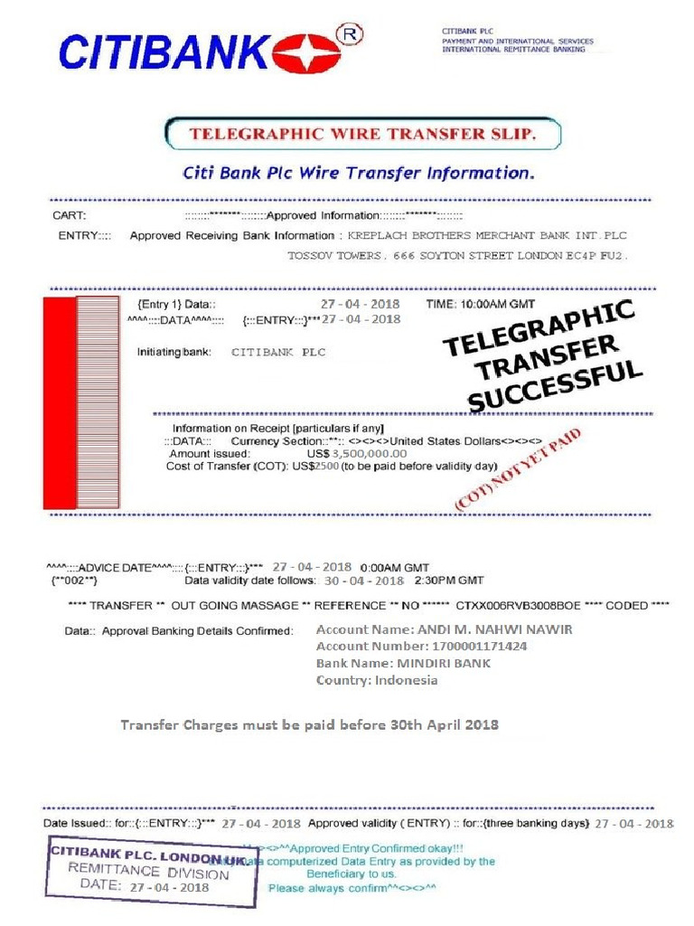 Telegraphic Citi Bank Transfer | PDF