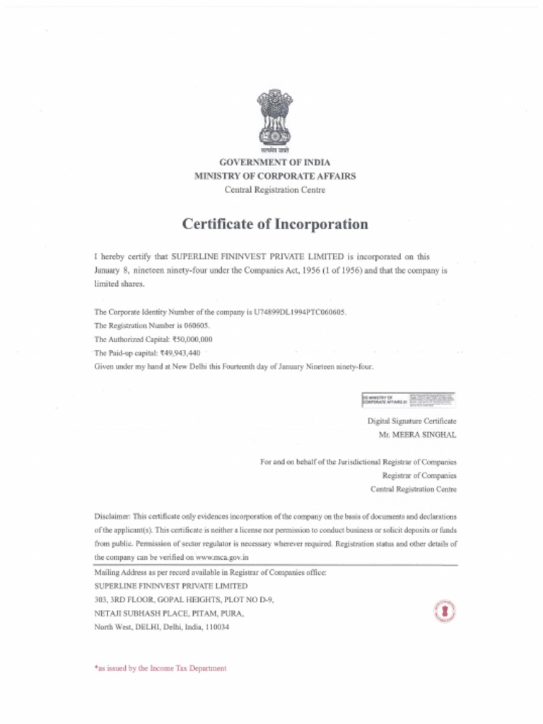 Certificate of Incorporation | PDF