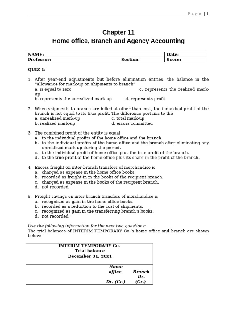 Quiz - Chapter 11 - Home Office, Branch & Agency Acctg. | PDF | Expense | Balance Sheet