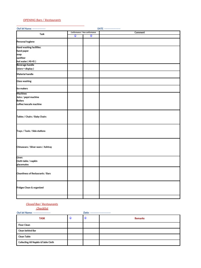 Bar Opening and Closing Checklist | PDF