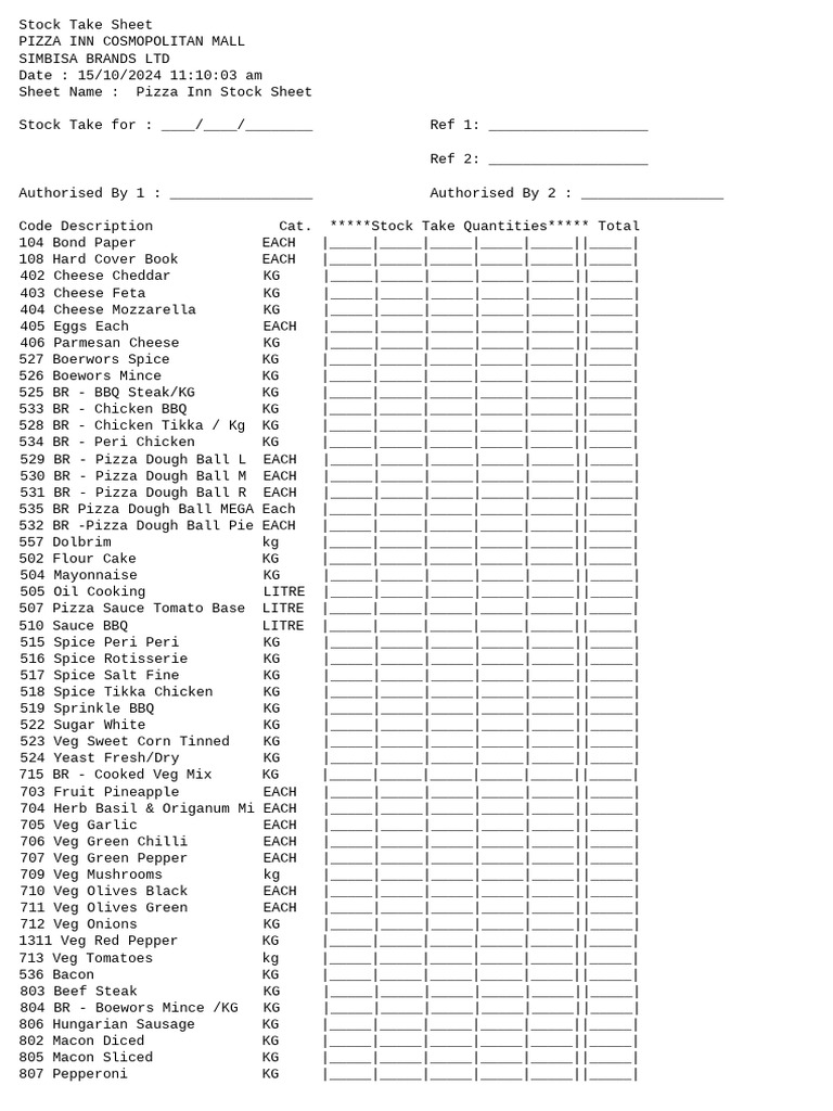 Pizza Inn Stock Take Sheet 2024 | PDF | Pizza | European Cuisine