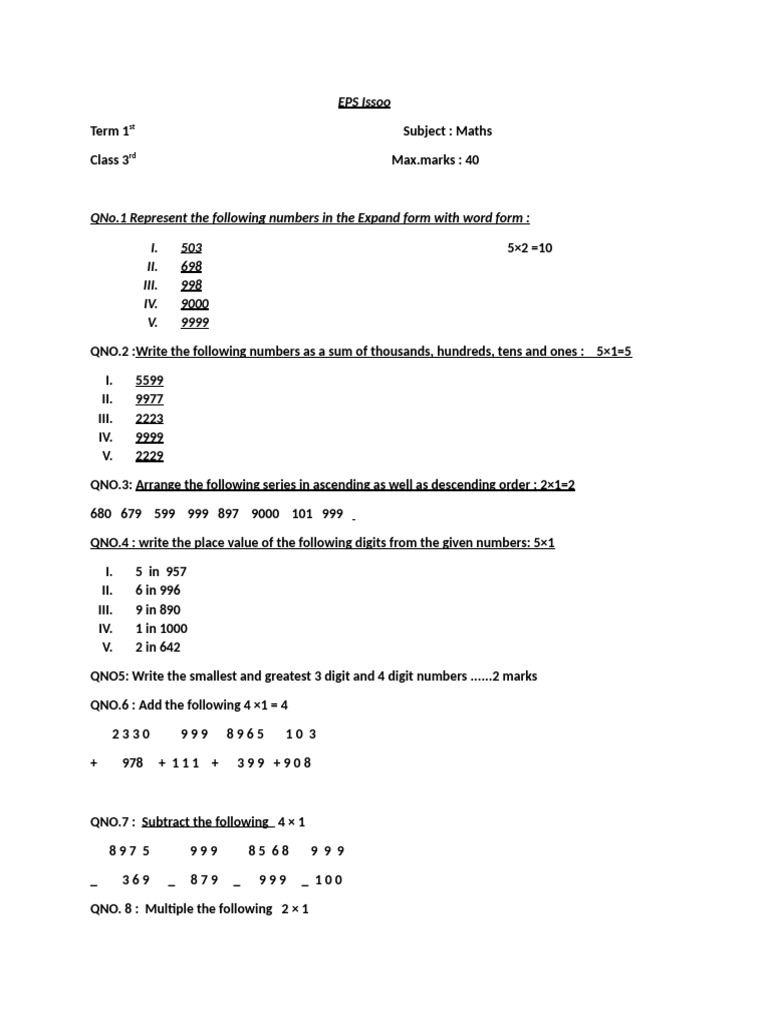 Class 3rd Maths Practice Questions | PDF