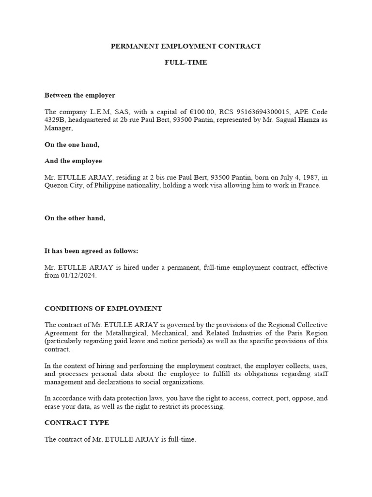 Permanent Employment Contract | PDF | Employment | Salary