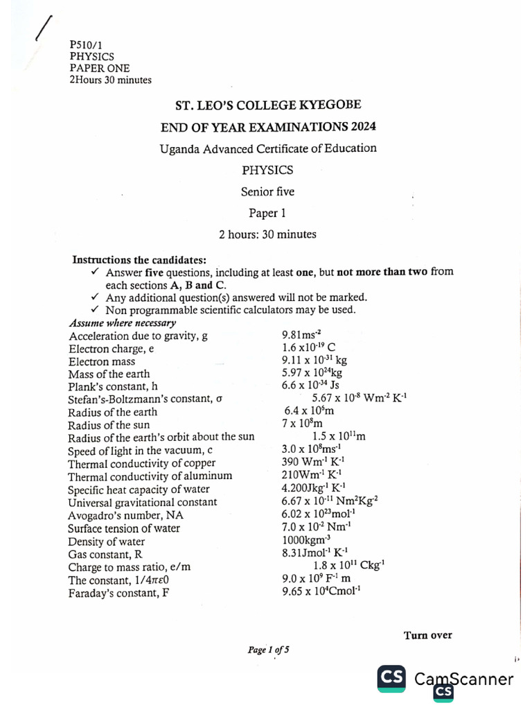 S.5 EOT 3 PHY Paper 1- ST LEO'S (2) | PDF