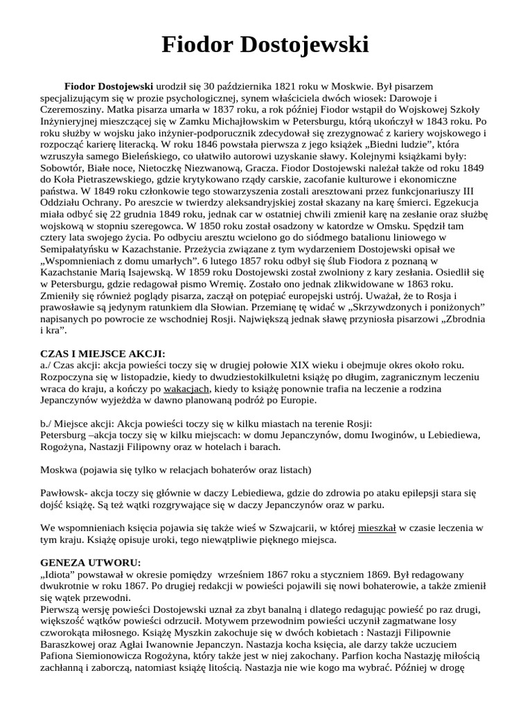 Fiodor Dostojewski - Idiota. Opracowanie | PDF