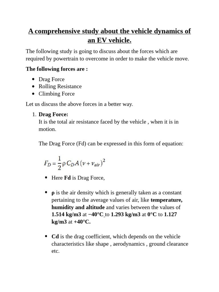 EV Vehicle Dynamics: Force Analysis | PDF | Force | Drag (Physics)