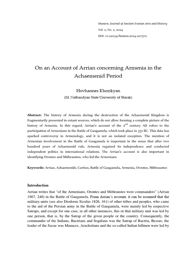 On An Account of Arrian Concerning Armenia in The Achaemenid Period ...