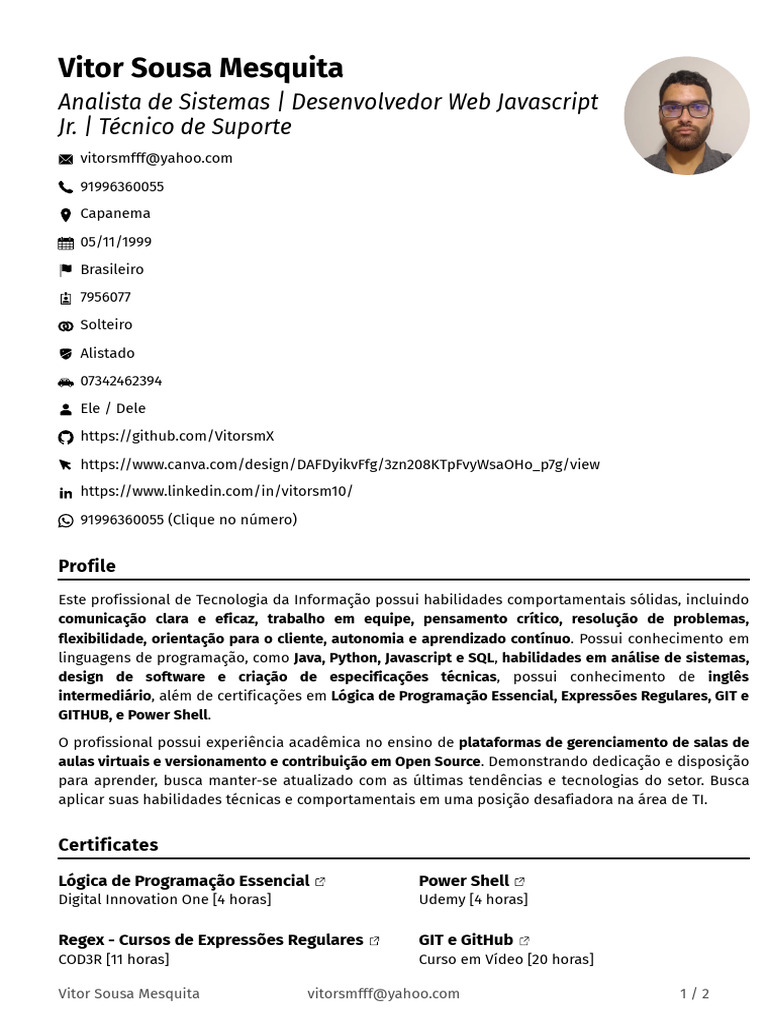 CURRÍCULO_VITOR_MESQUITA2023 (2) | PDF | Análise de sistemas | Brasil