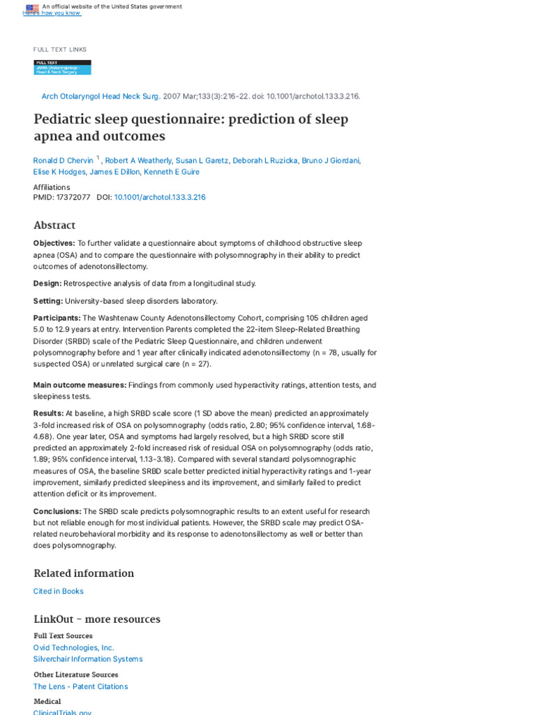 3 Pediatric Sleep Questionnaire - Prediction of Sleep Apnea and Outcomes - PubMed | PDF ...