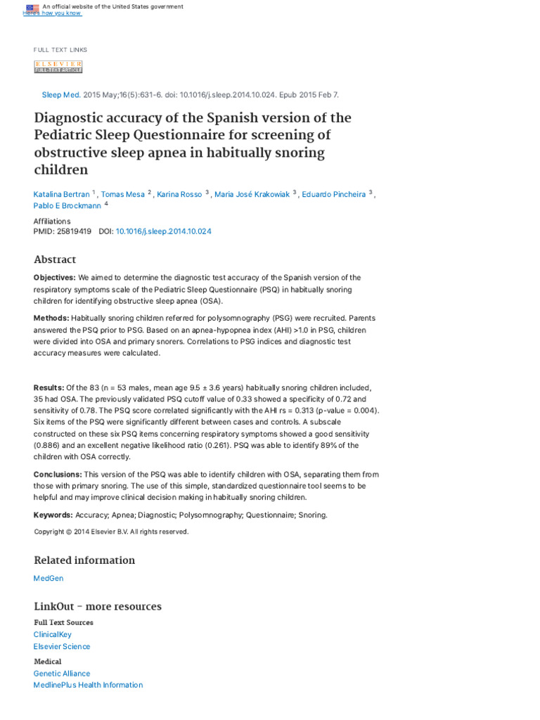 4 Diagnostic Accuracy of The Spanish Version of The Pediatric Sleep ...