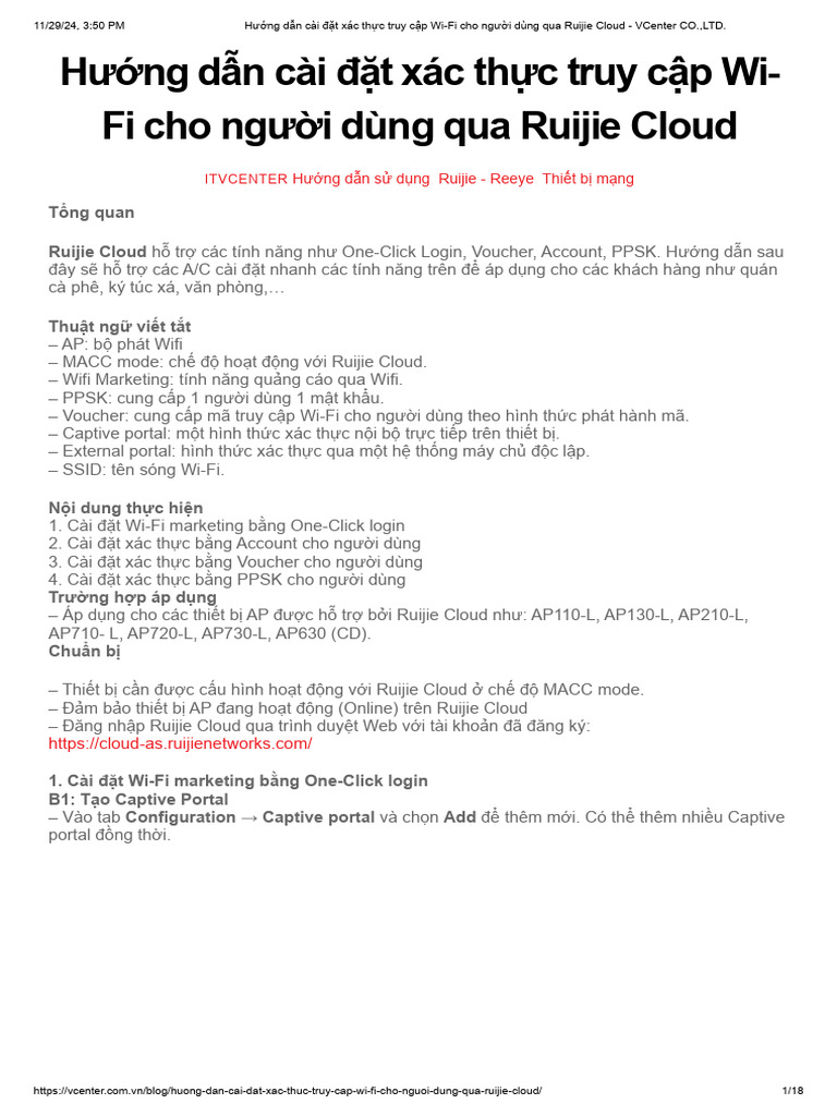 Hướng dẫn cài đặt xác thực truy cập Wi-Fi cho người dùng qua Ruijie Cloud - VCenter CO.,LTD_ | PDF