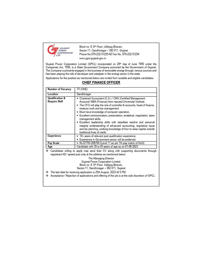 GUJARAT POWER CORPORATION LIMITED (GPCL) Job 1 | PDF