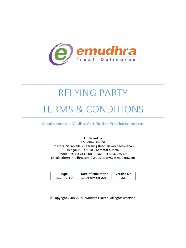 Emudhra RelyingPartyTerms | PDF | Implied Warranty | Jurisdiction