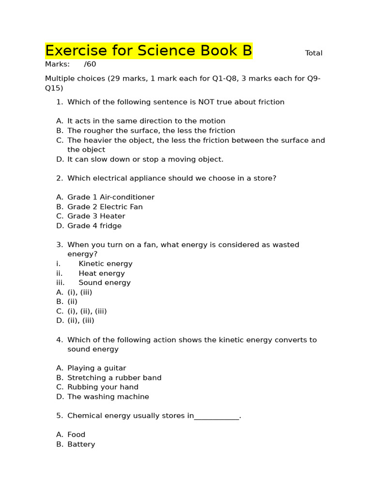 Exercise For Science Book B Total Marks | PDF | Friction | Force