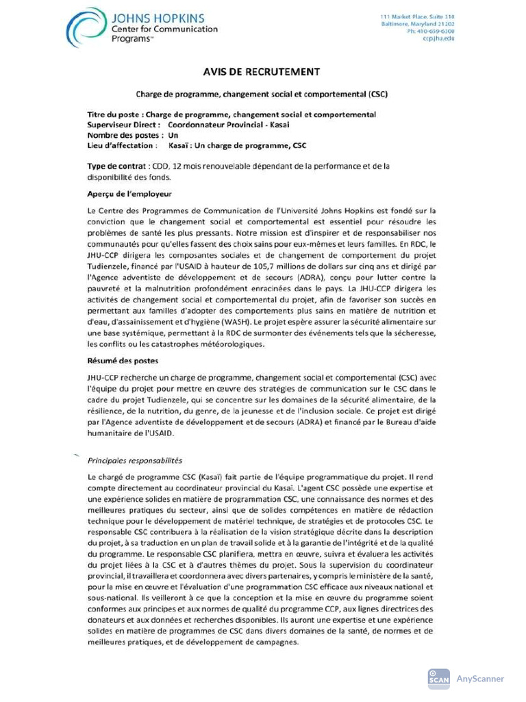 Un Chargé de Programme Kasaï Tshikapa | PDF