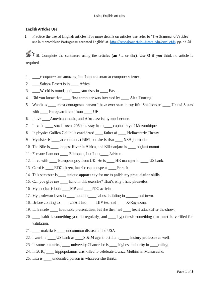 Using English Articles: Practice Exercises | PDF